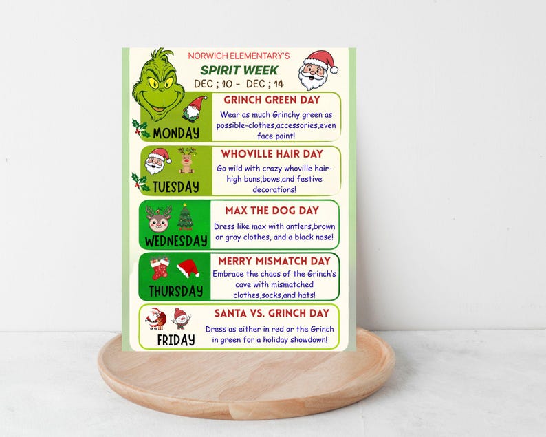 Grinch Spirit Week Flyer, Holiday School Itinerary (editable Canva ...
