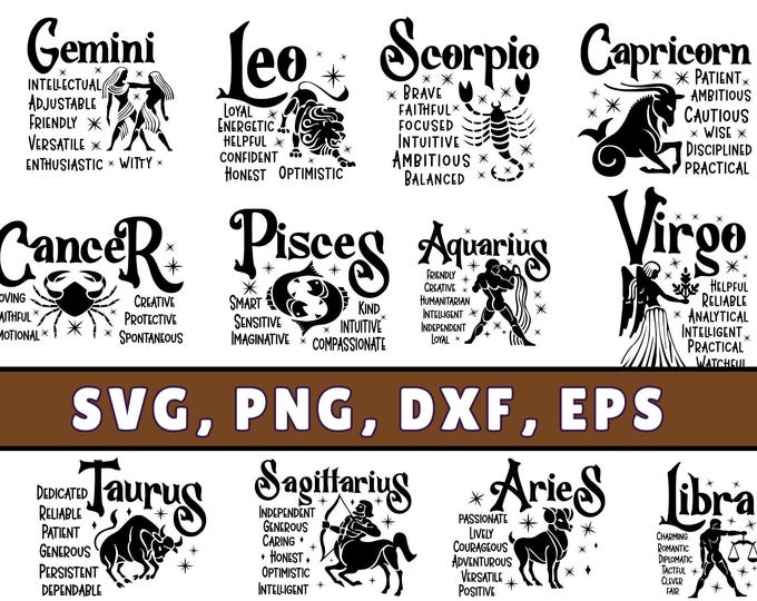 Zodiac Signs Svg Bundle, Zodiac Svg, Zodiac Clipart, Svg Files for ...