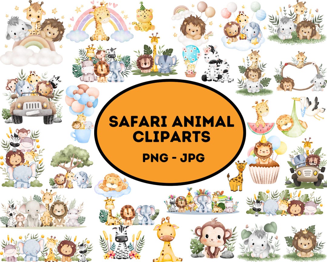 Watercolor Safari Animals Clipart: Baby Shower PNG JPG (digital ...