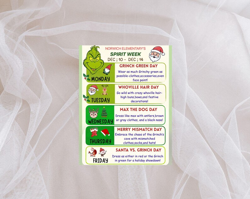Grinch Spirit Week Flyer, Holiday School Itinerary (editable Canva ...