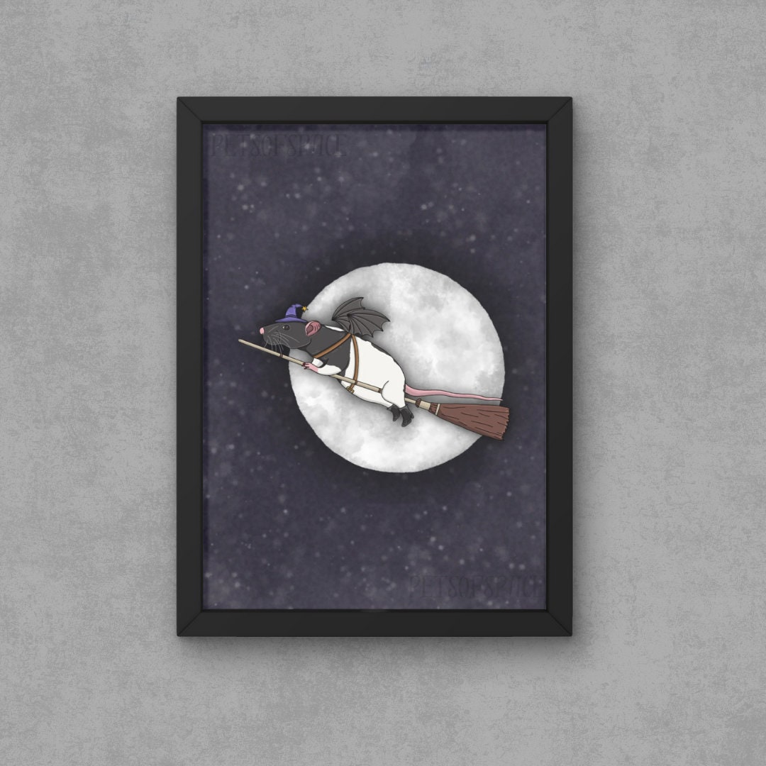 Rat Art Print Flying Witch Spooky Art Print Gothic Art Print Witchy Art ...