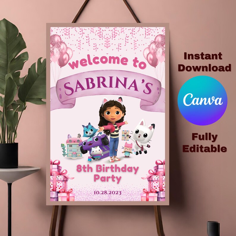 Editable Pink GABBY'S DOLLHOUSE Birthday Welcome Sign, Printable Gabbys ...