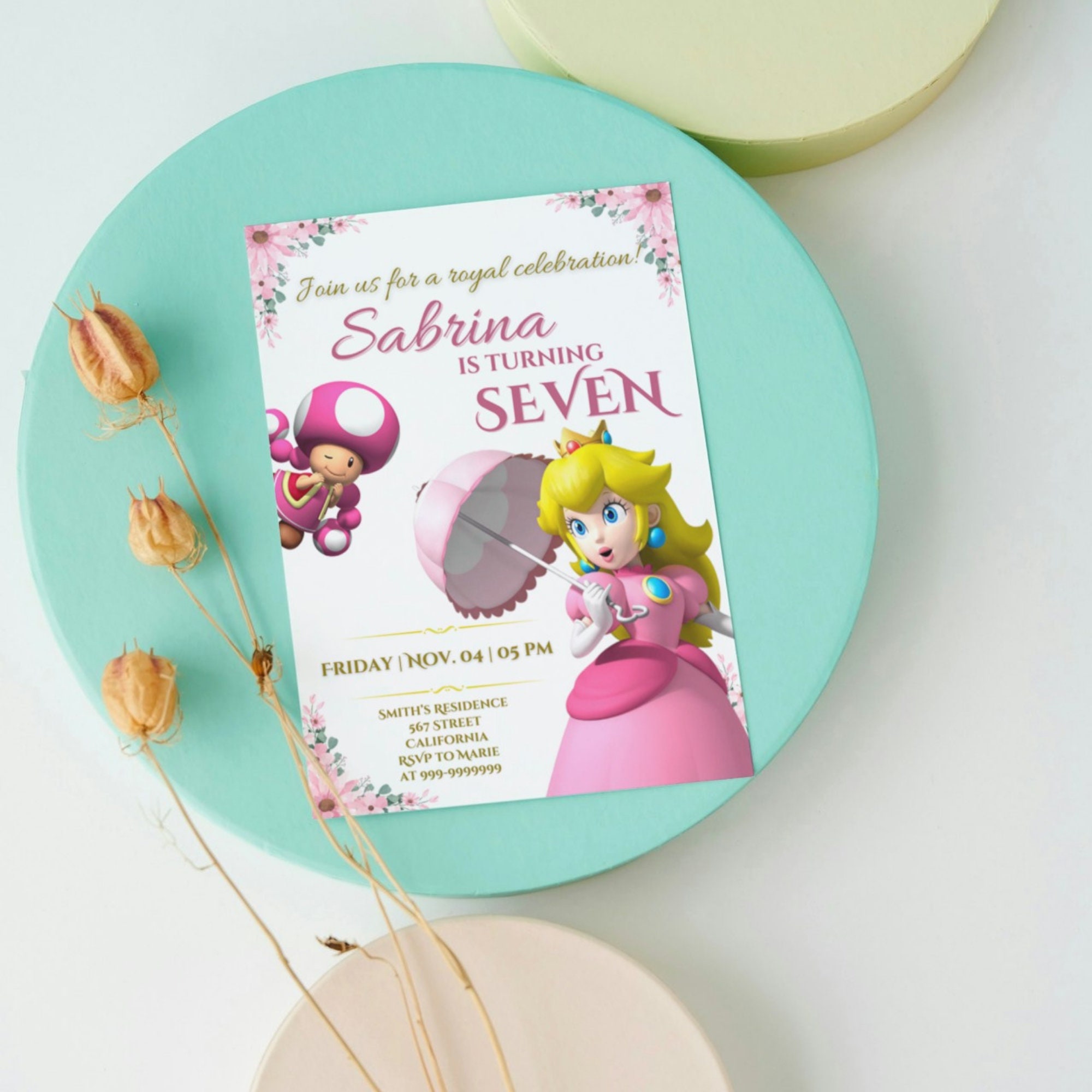 Editable PRINCESS PEACH Birthday Invitation Super Princess Party Cards ...