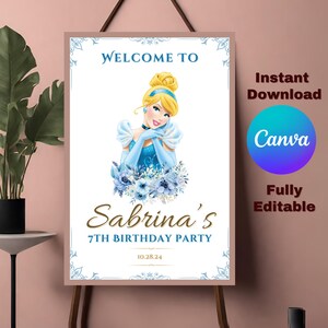 Editable CINDERELLA Welcome Sign Cinderella Party Sign Blue Princess ...