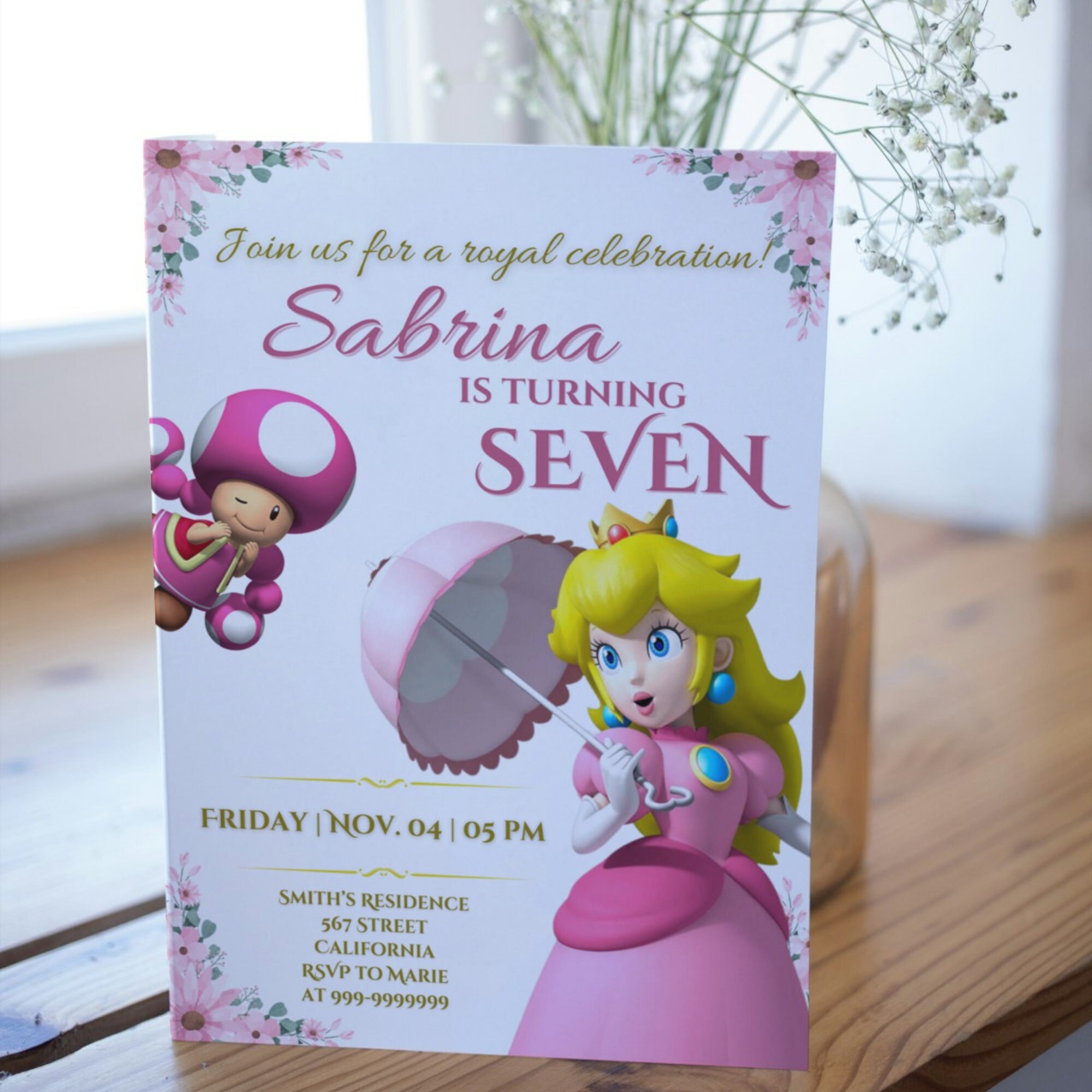 Editable PRINCESS PEACH Birthday Invitation Super Princess Party Cards ...