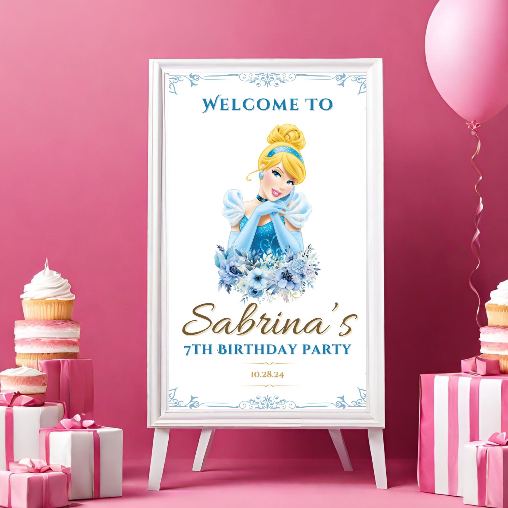 Editable CINDERELLA Welcome Sign Cinderella Party Sign Blue Princess ...