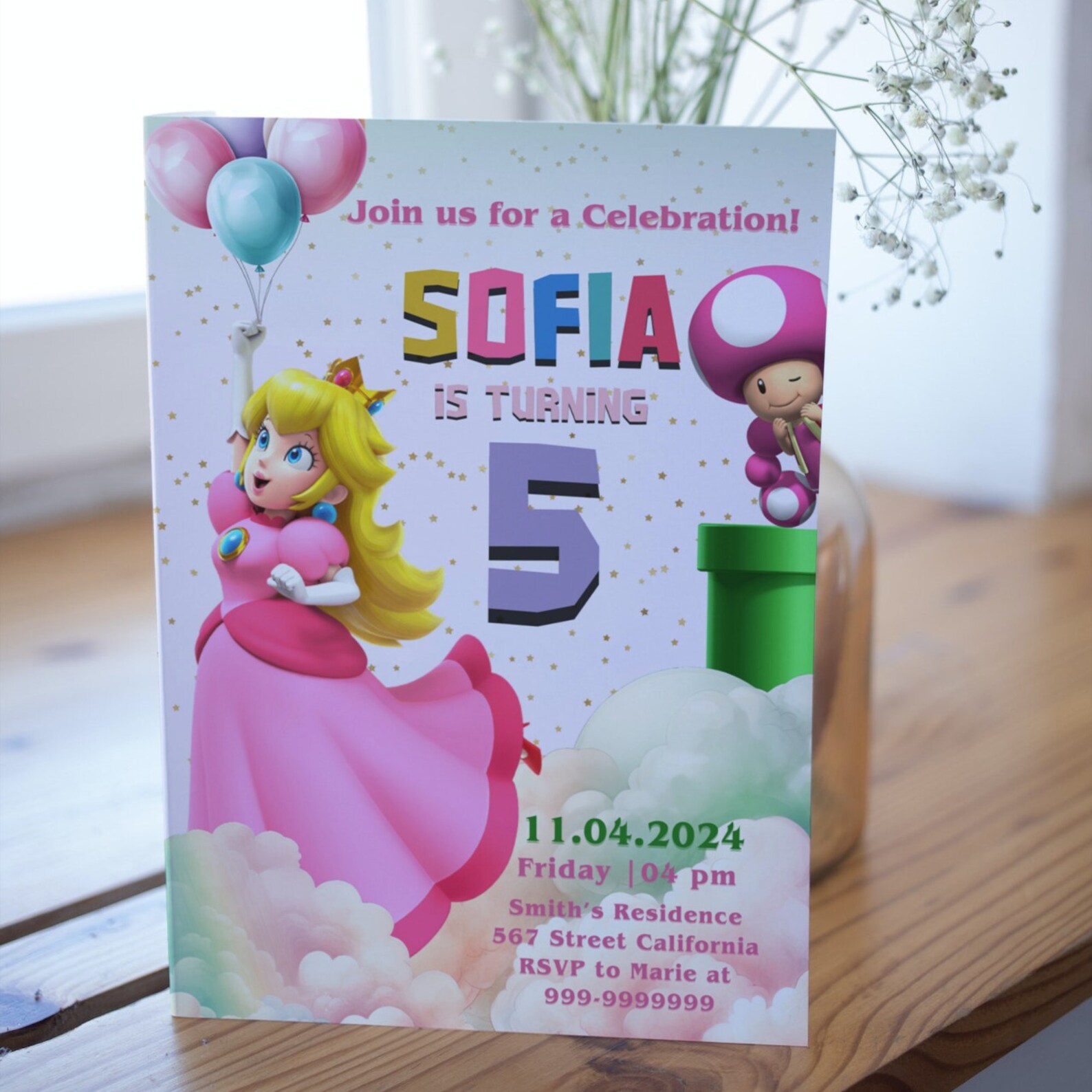 Editable PRINCESS PEACH Birthday Invitation Super Princess Party Cards ...