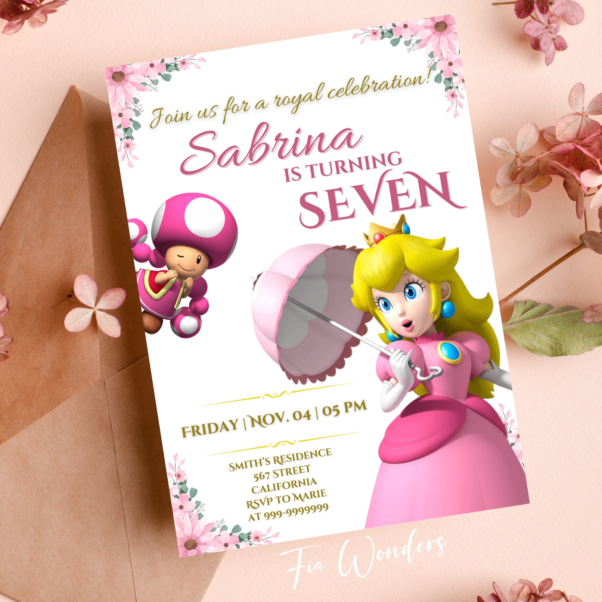 Editable PRINCESS PEACH Birthday Invitation Super Princess Party Cards ...