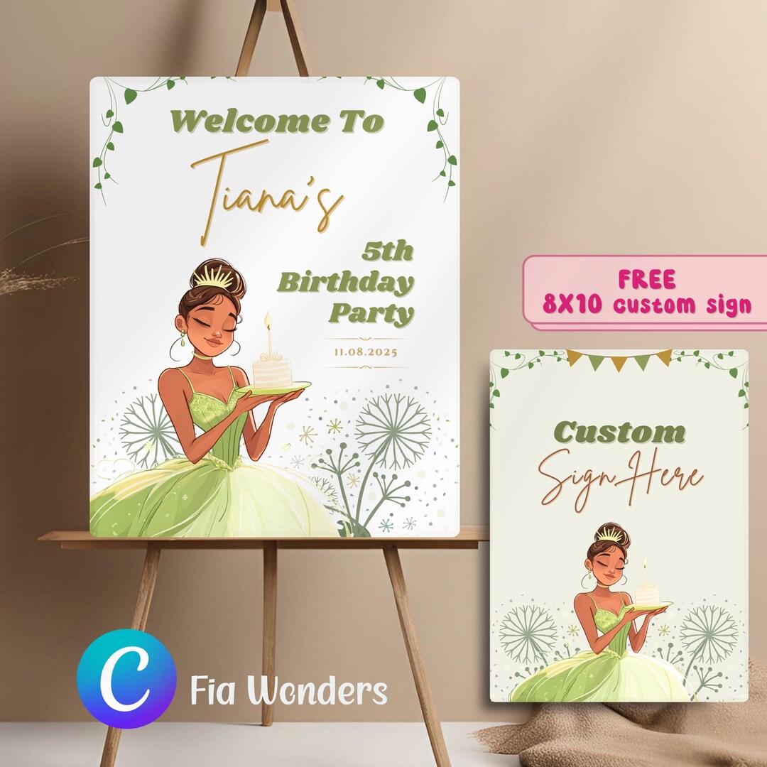Editable Tiana PRINCESS BIRTHDAY Welcome Sign,green Princess Frog Party ...
