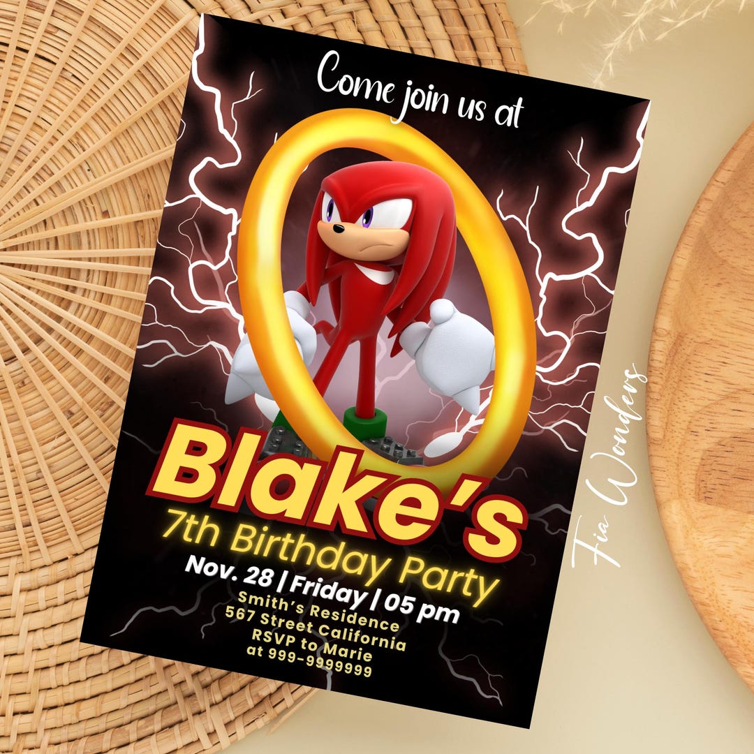 Editable SONIC KNUCKLES BIRTHDAY Invitation,red Hedgehog Hero Party ...