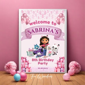 Editable Pink GABBY'S DOLLHOUSE Birthday Welcome Sign, Printable Gabbys ...