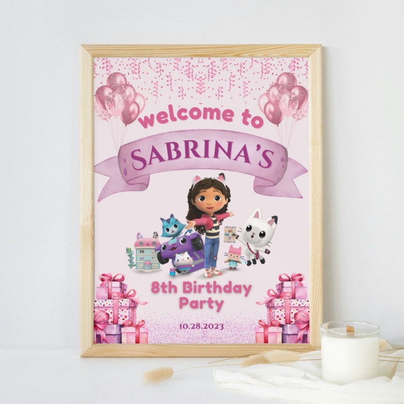 Editable Pink GABBY'S DOLLHOUSE Birthday Welcome Sign, Printable Gabbys ...
