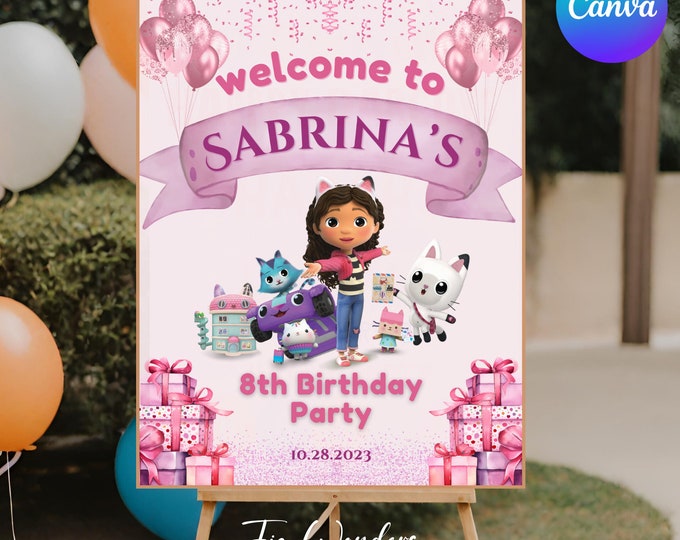 Editable Pink GABBY'S DOLLHOUSE Birthday Welcome Sign, Printable Gabbys ...
