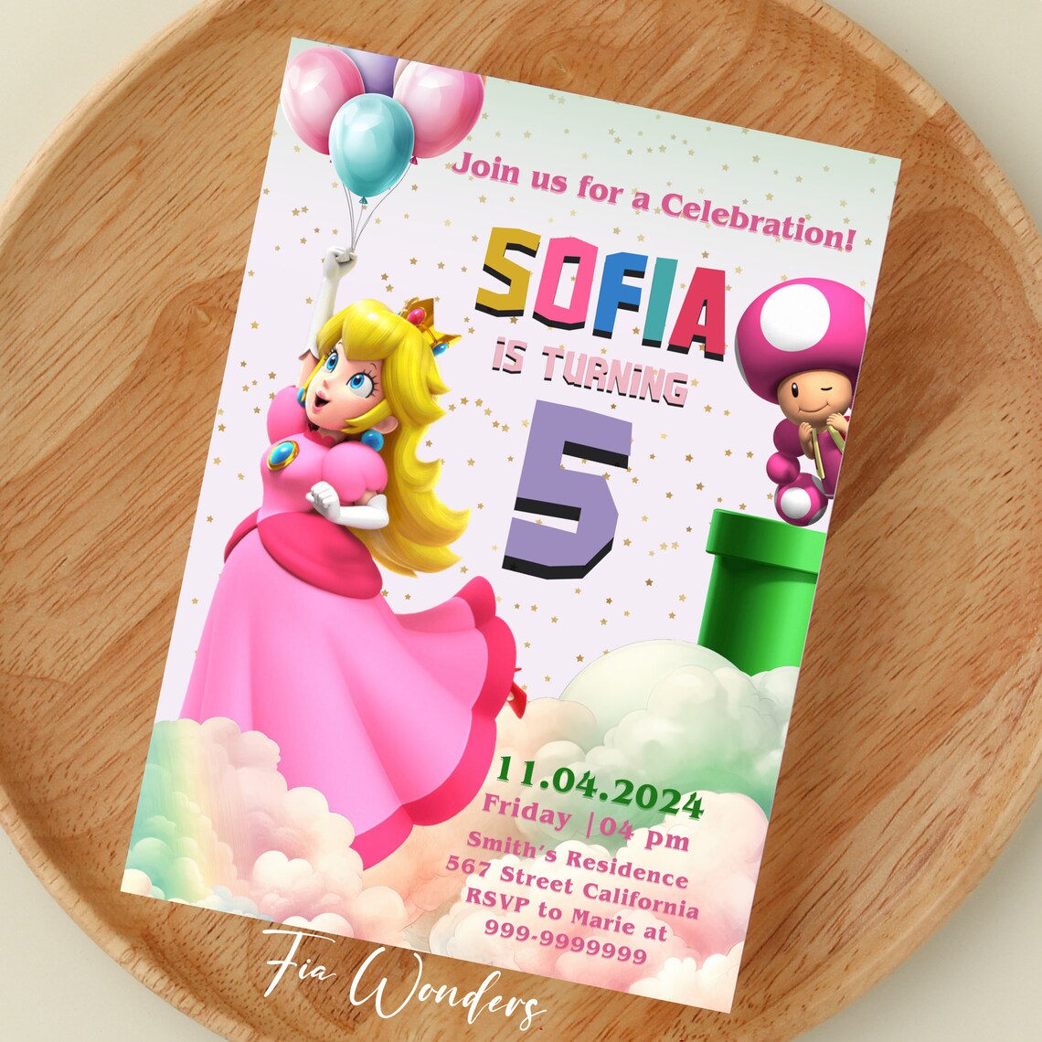 Editable PRINCESS PEACH Birthday Invitation Super Princess Party Cards ...