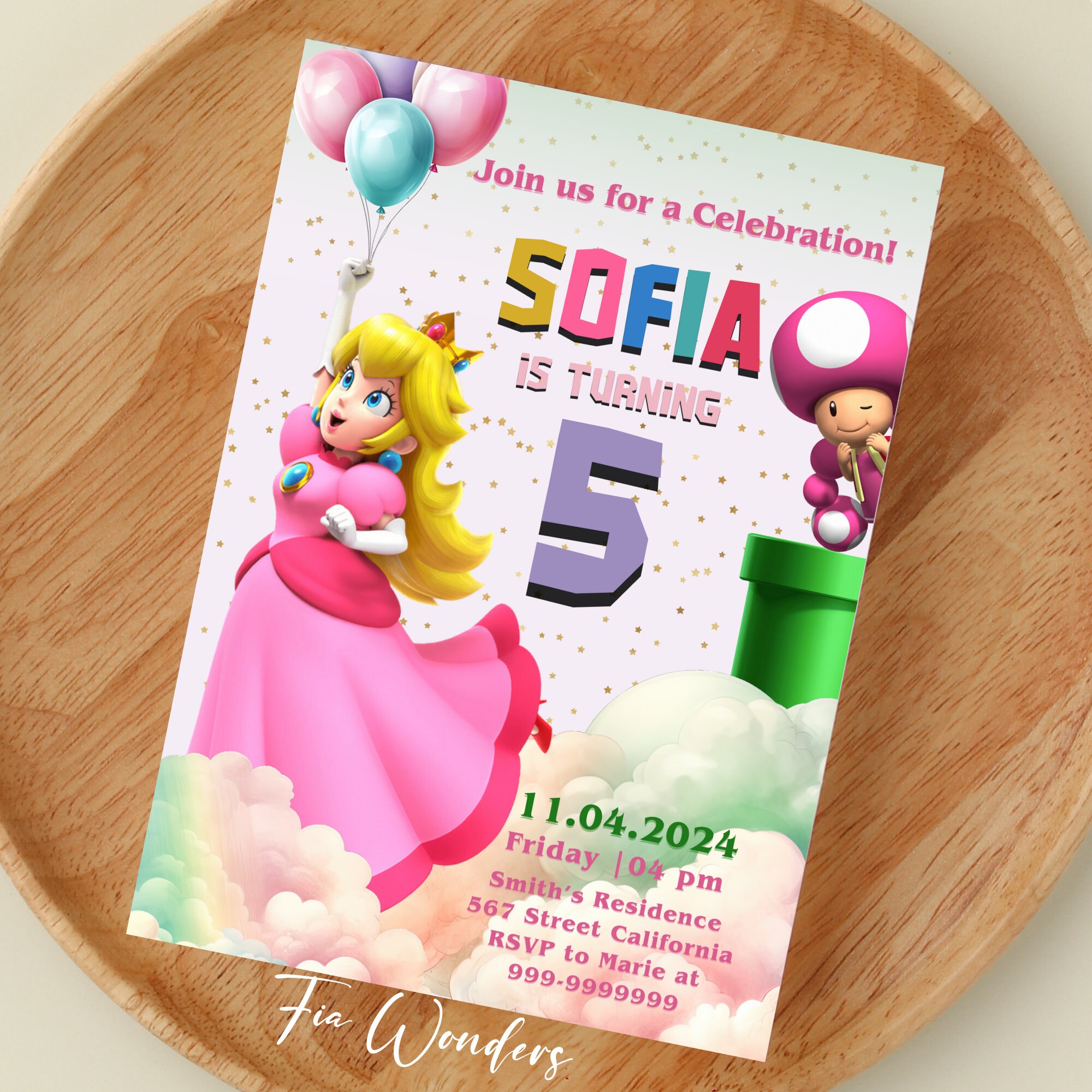 Editable PRINCESS PEACH Birthday Invitation Super Princess Party Cards ...