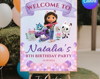 Editable Pink GABBY'S DOLLHOUSE Birthday Welcome Sign, Printable Gabbys ...
