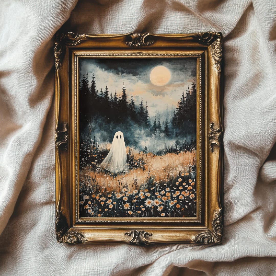 Whimsical Ghost on Flower Meadow Full Moon Night Print | Floral Ghost ...