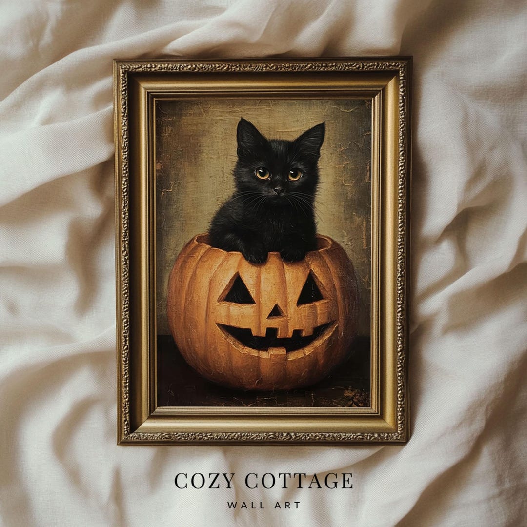 Black Cat Halloween Print Jack-o-lantern Pumpkin Vintage Style Painting ...