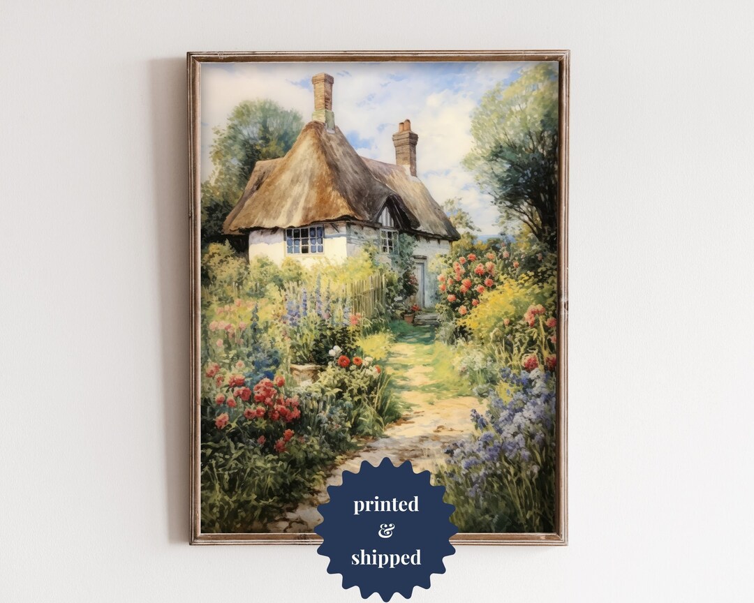 Old Thatched Cottage Vintage Style Painting | Cozy Cottage Spring Decor ...