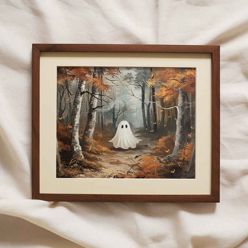 Little Ghost in Autumn Forest Vintage Style Halloween Painting | Spooky ...