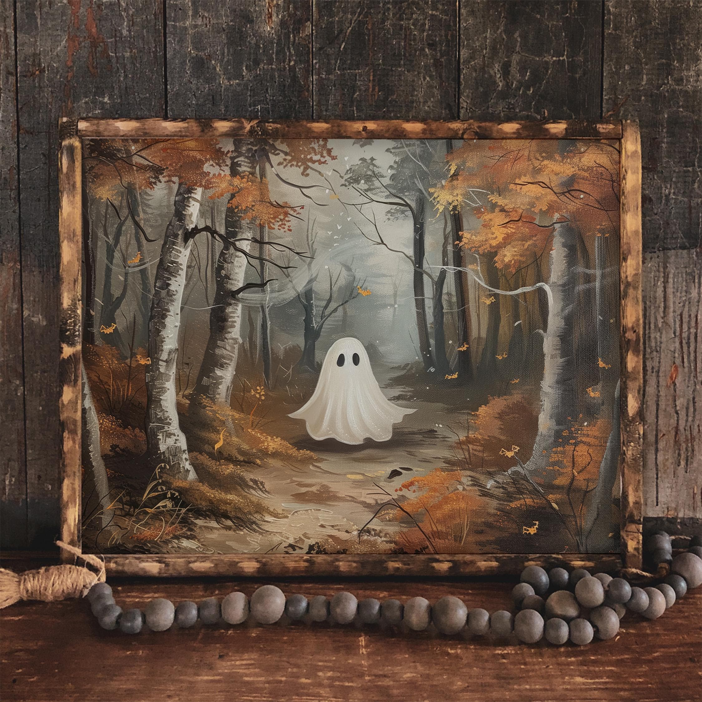 Little Ghost in Autumn Forest Vintage Style Halloween Painting | Spooky ...