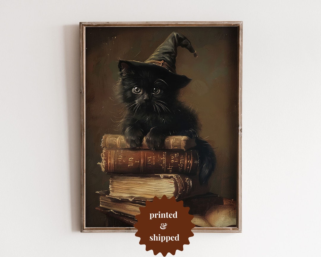 Little Black Cat Halloween Print Vintage Style Painting Wall Art ...