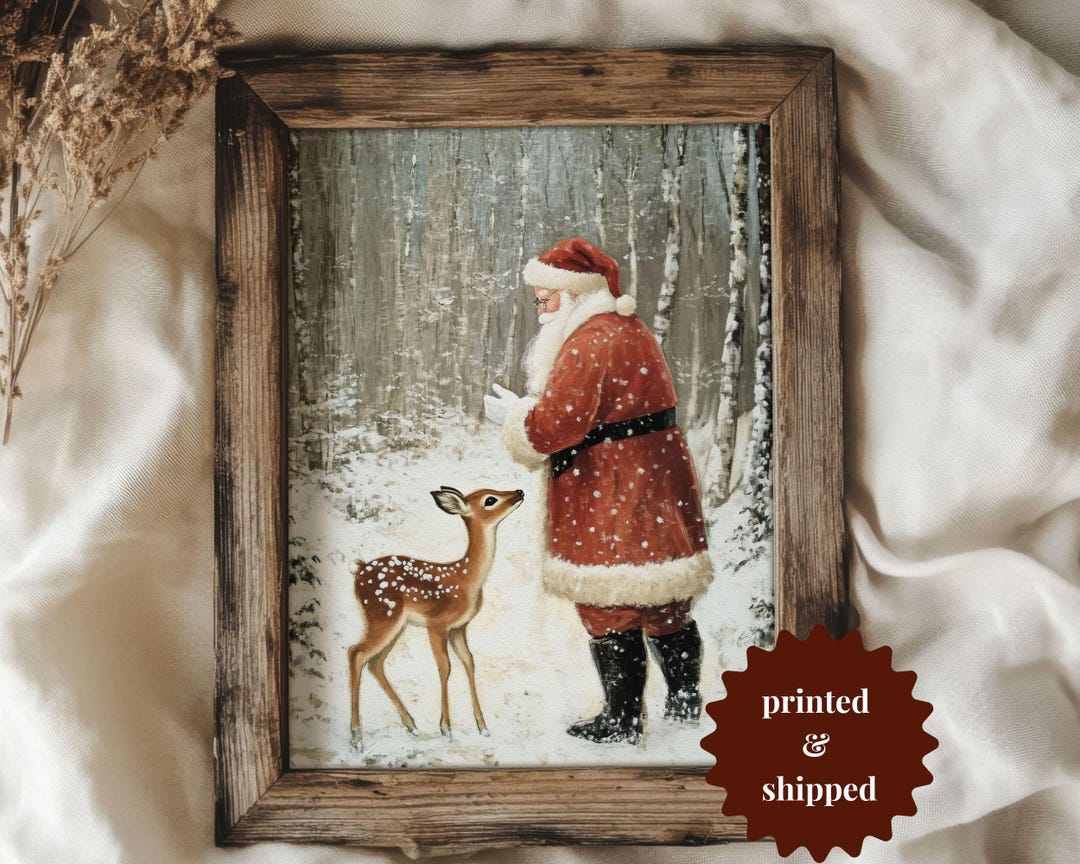 Santa Claus Deer Print Christmas Wall Art | Cozy Cottage Holiday Decor ...