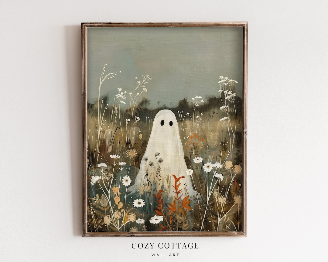 Ghost on Flower Meadow Print Vintage Style Painting | Floral Ghost Cottage Halloween Decor ...