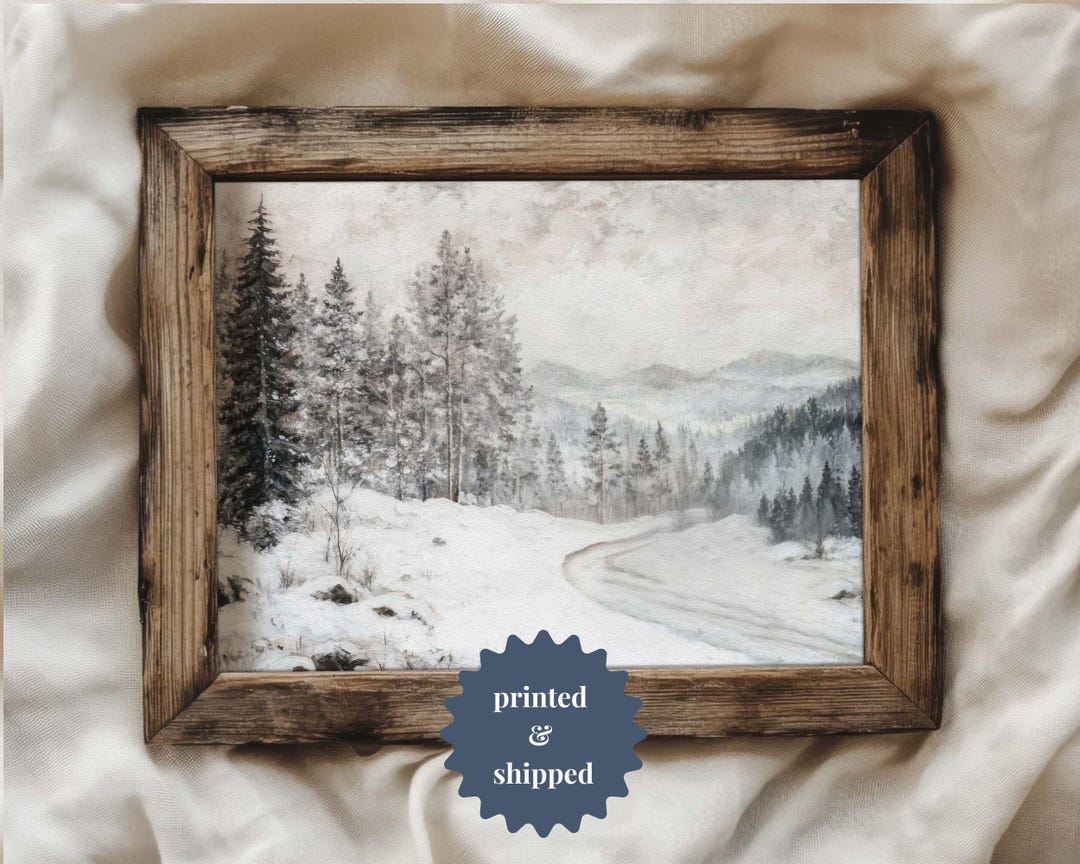 Muted Winter Landscape Wall Art Print | Cozy Vintage Style Cottage ...