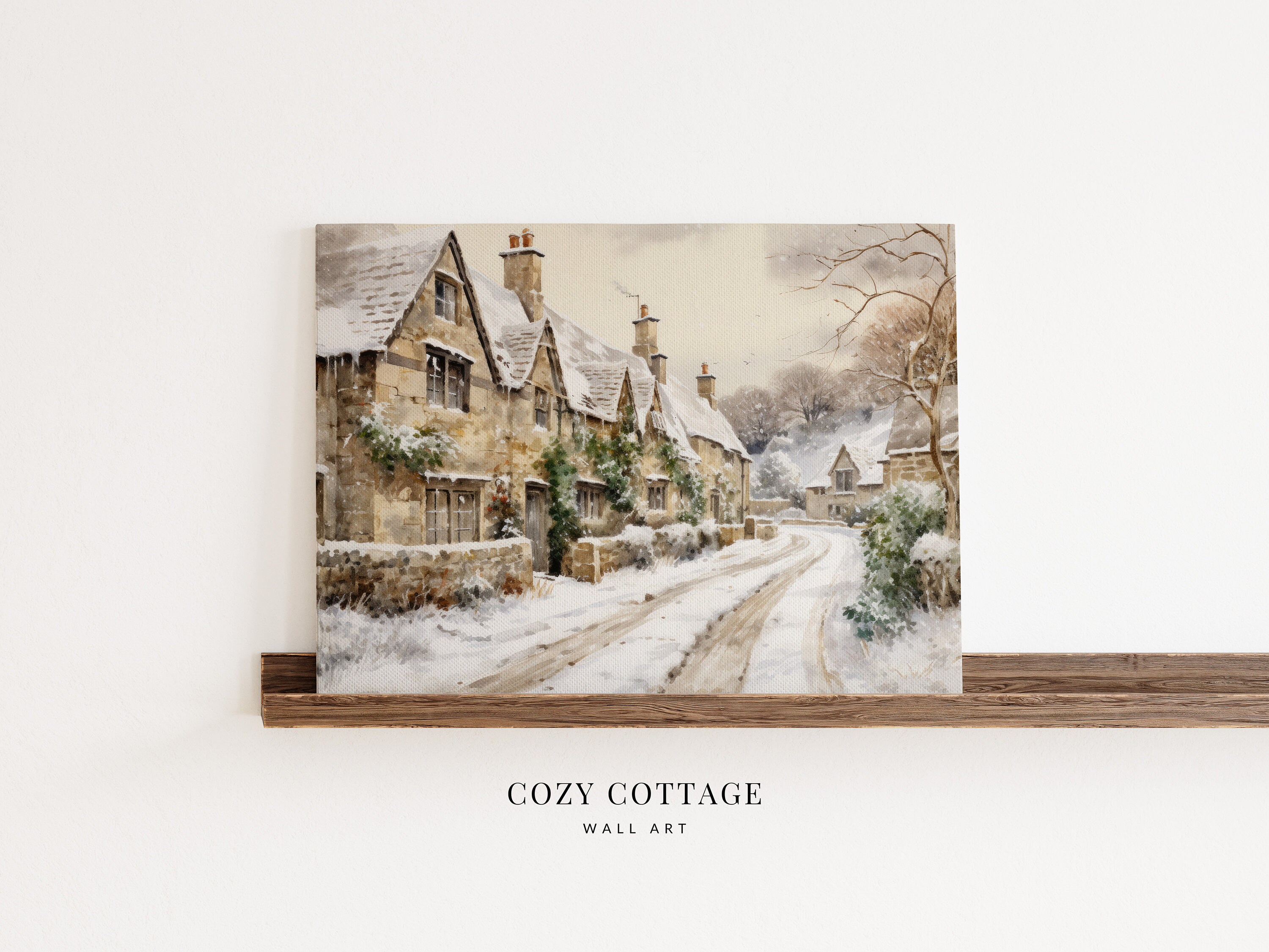 English Cottages in the Snow Vintage Style Painting | Cozy Cottage ...