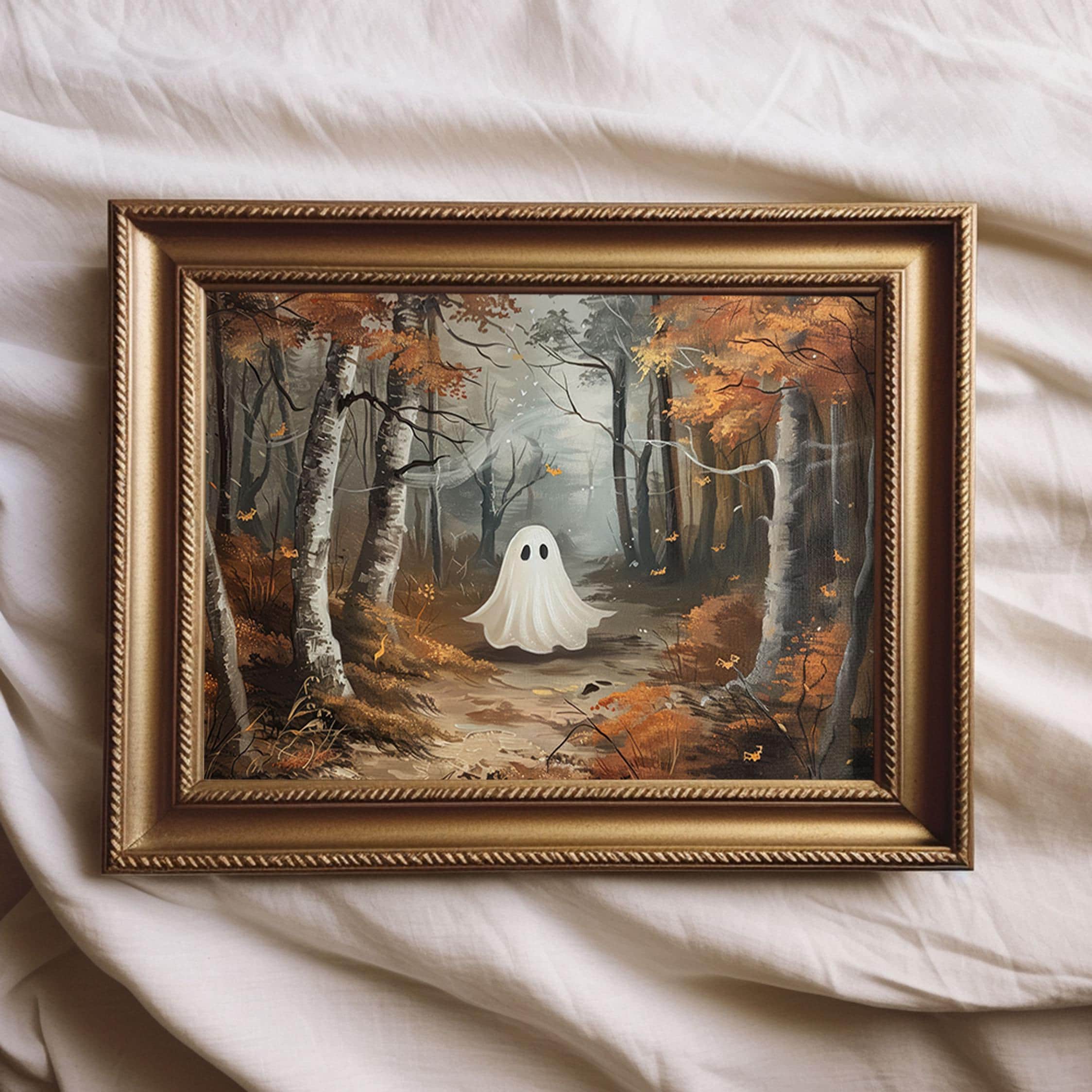 Little Ghost in Autumn Forest Vintage Style Halloween Painting Spooky ...