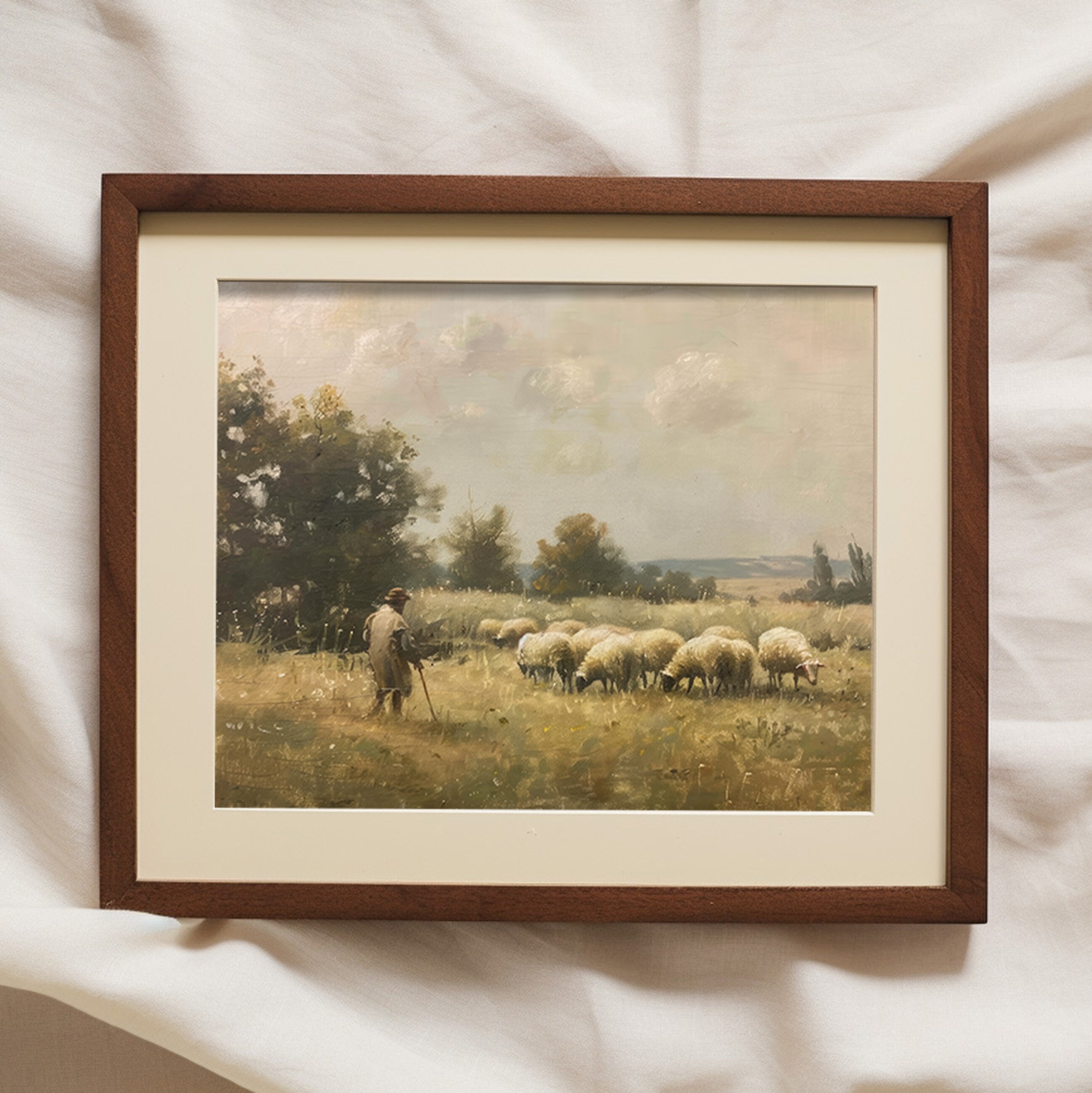 Shepherd and His Sheep Vintage Style Painting | Farmhouse & Cottage ...