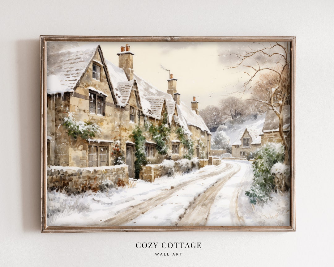 English Cottages in the Snow Vintage Style Painting Cozy Cottage ...