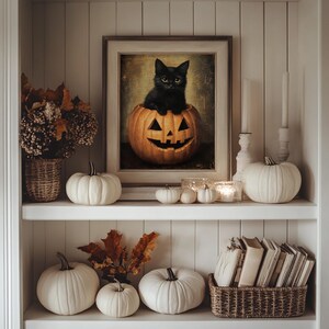 Black Cat Halloween Print Jack-o-lantern Pumpkin Vintage Style Painting ...