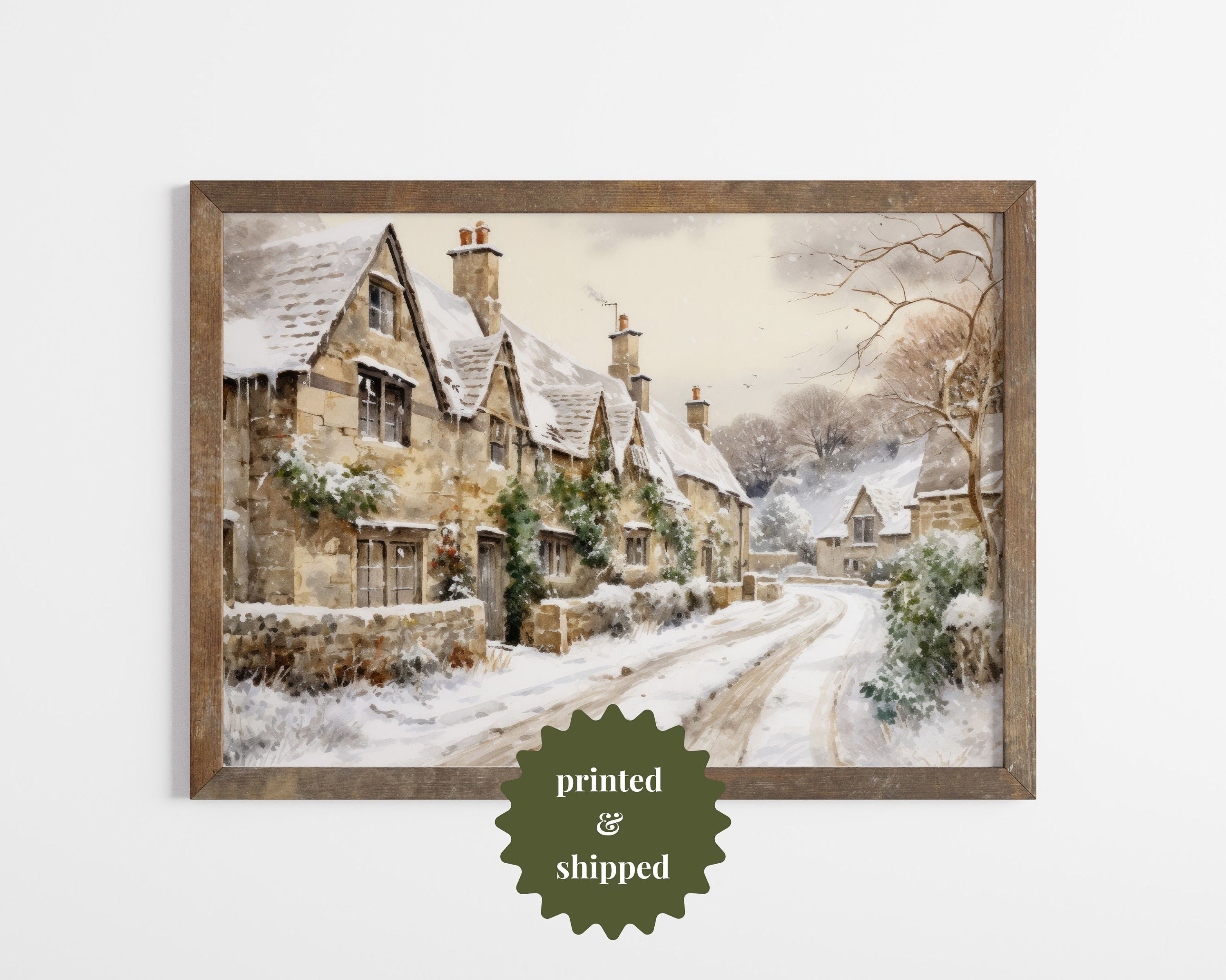 English Cottages in the Snow Vintage Style Painting | Cozy Cottage ...