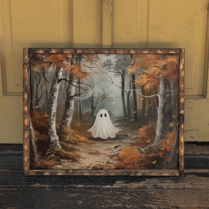 Little Ghost in Autumn Forest Vintage Style Halloween Painting Spooky ...