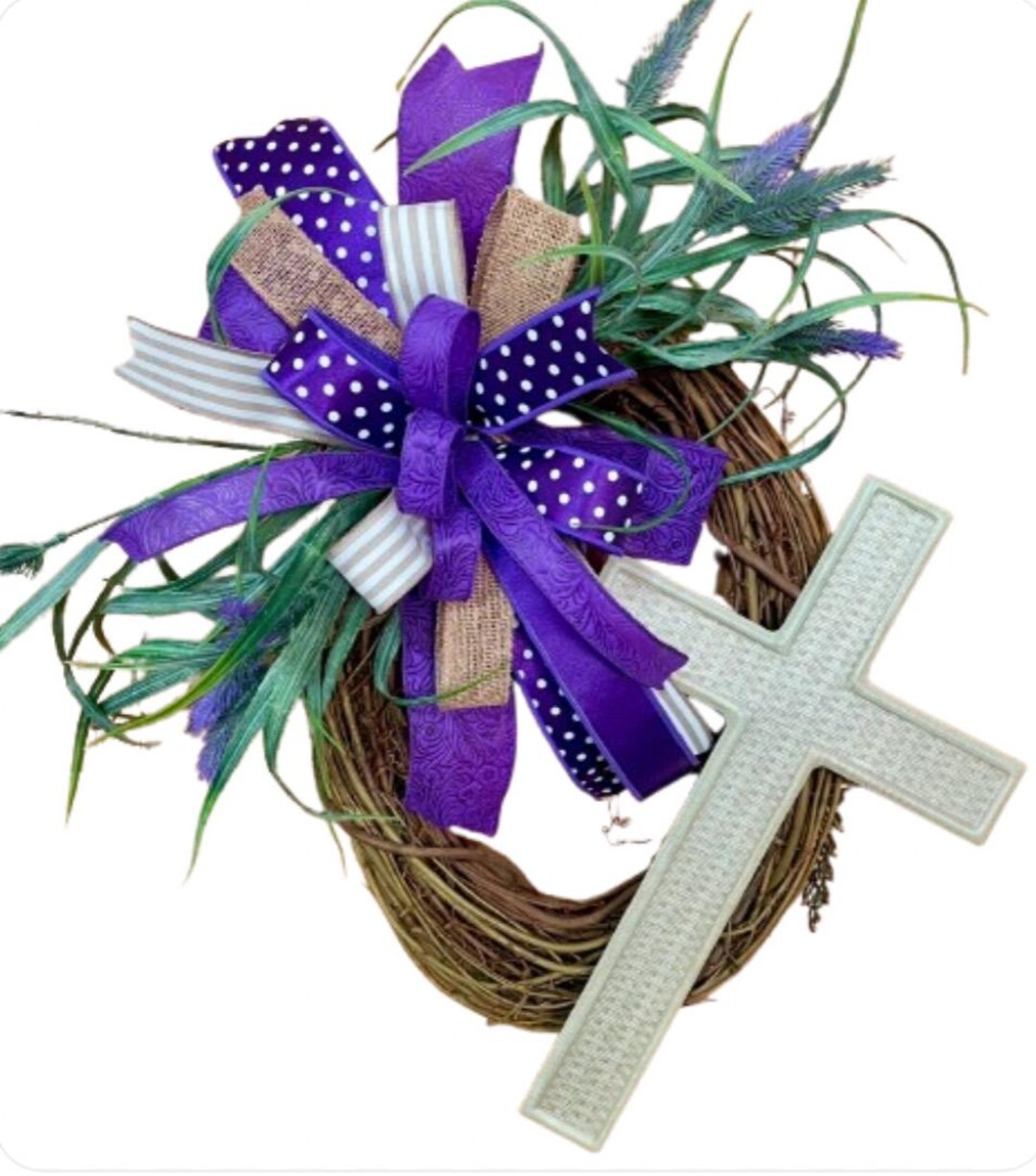Rustic Easter Cross Wreath – Purple and Burlap Christian Grapevine Door ...