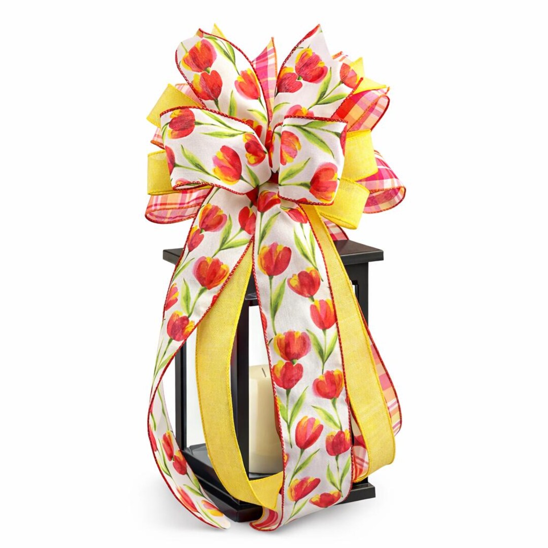 Red Tulip Lantern Bow With Yellow and Plaid Ribbon, Spring Floral Gift ...