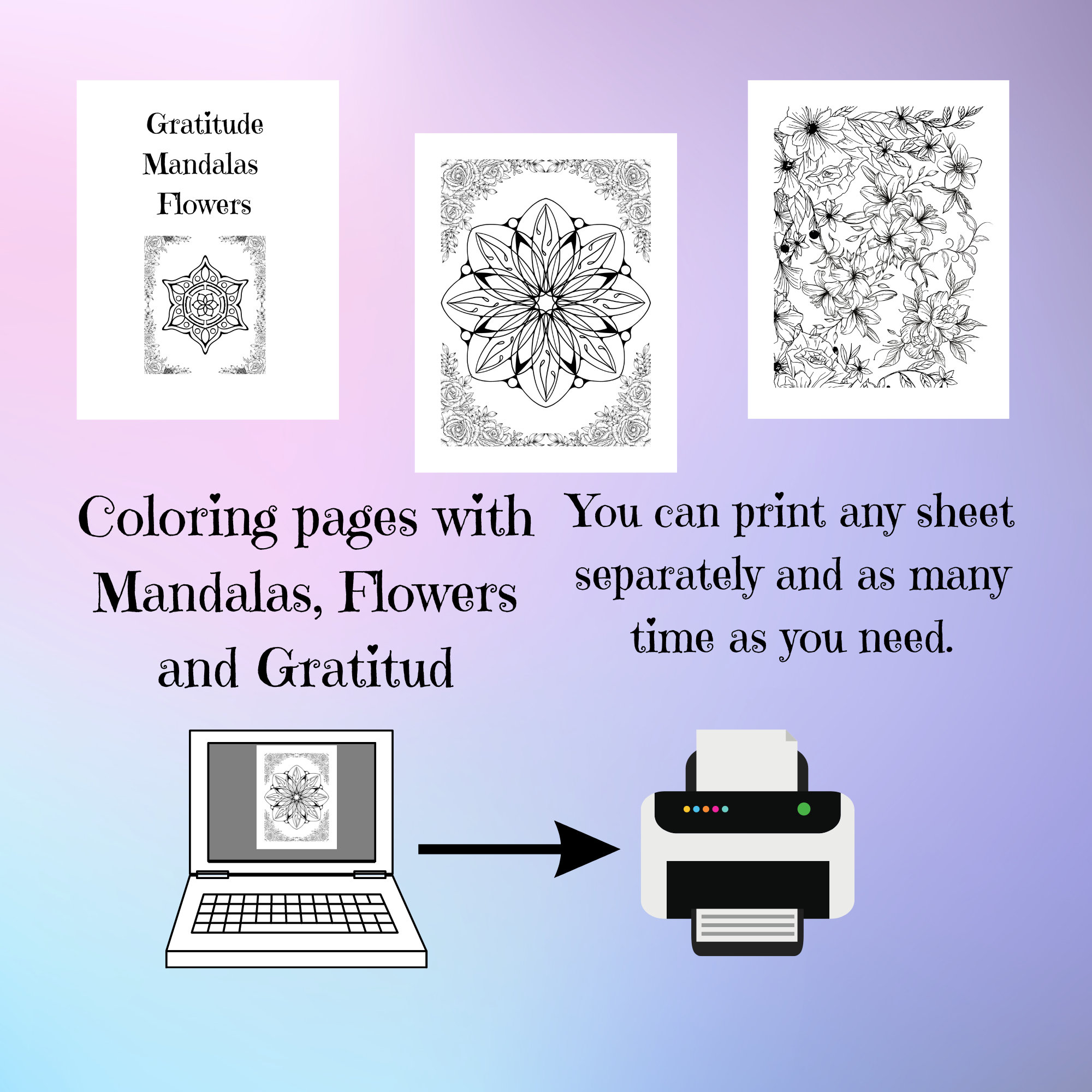 47 Coloring Pages, Gratitude Mandalas Flowers, Coloring Book. Instant ...