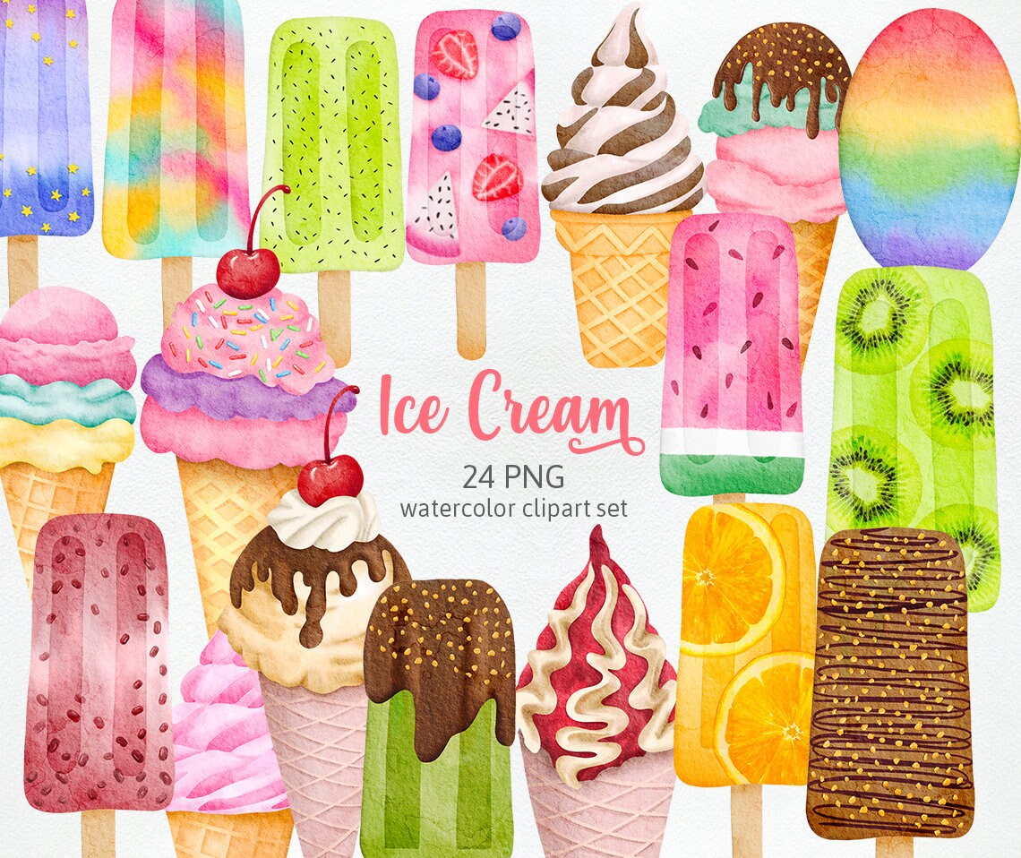 Watercolor Ice Cream Dessert, Summer Treats, Popsicle Ice Cream Sundae ...
