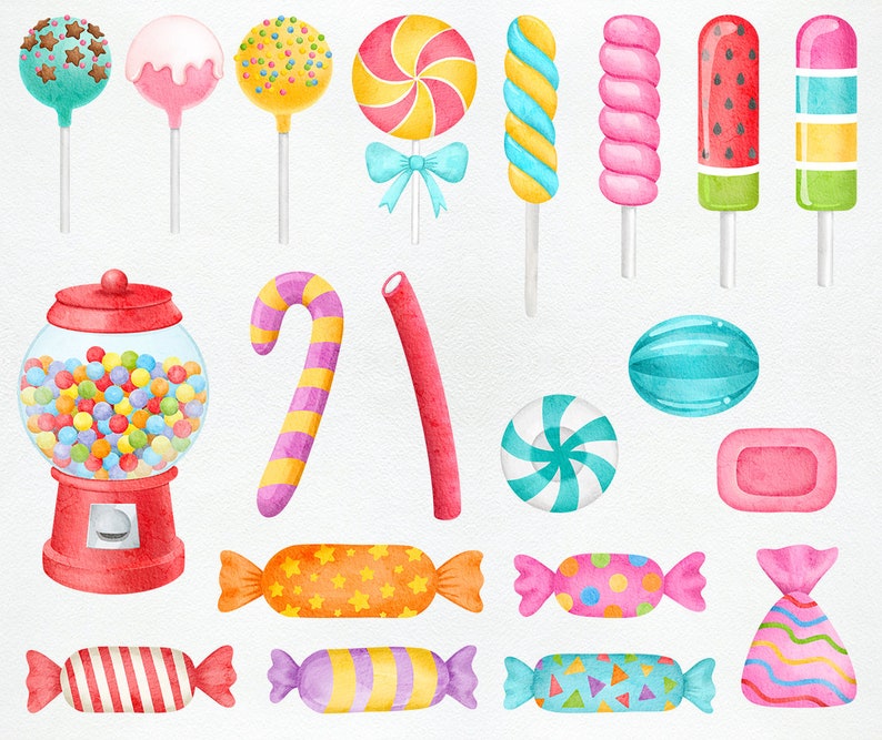 Watercolor Candy Shop Clipart, Cute Candy Graphics Hand-drawn, Lolly ...
