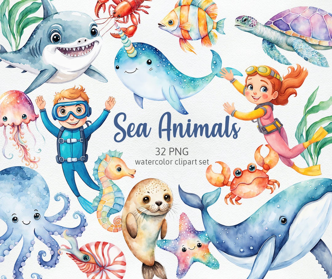 Cute Sea Animals Underwater Ocean Fish Jellyfish Shark Whale Diver Sea ...