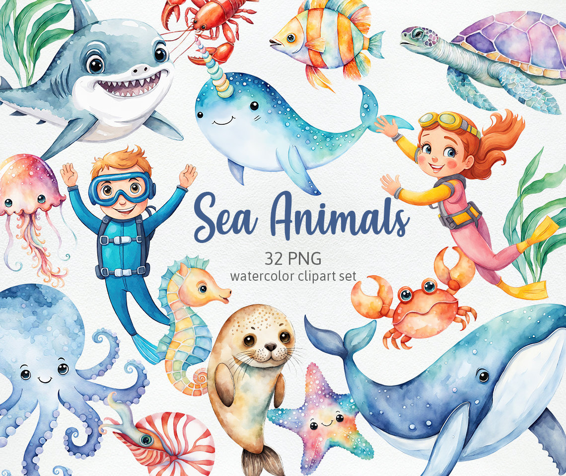 Cute Sea Animals Underwater Ocean Fish Jellyfish Shark Whale Diver Sea ...