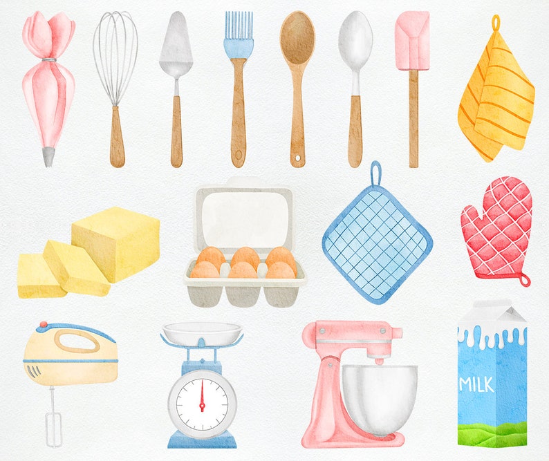 Baking Supplies Watercolor Hand Painted Bakery Tools, Home Bakery ...