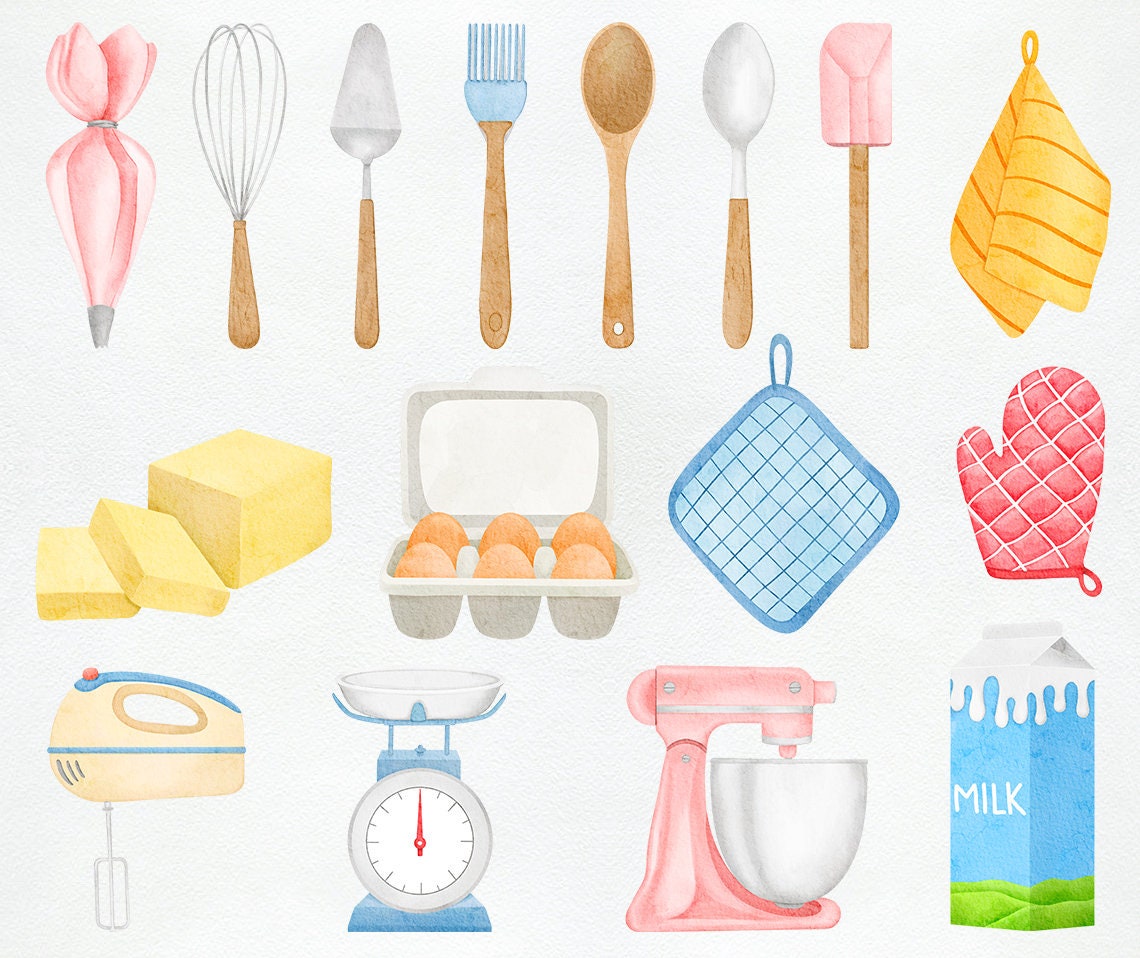 Baking Supplies Watercolor Hand Painted Bakery Tools, Home Bakery ...