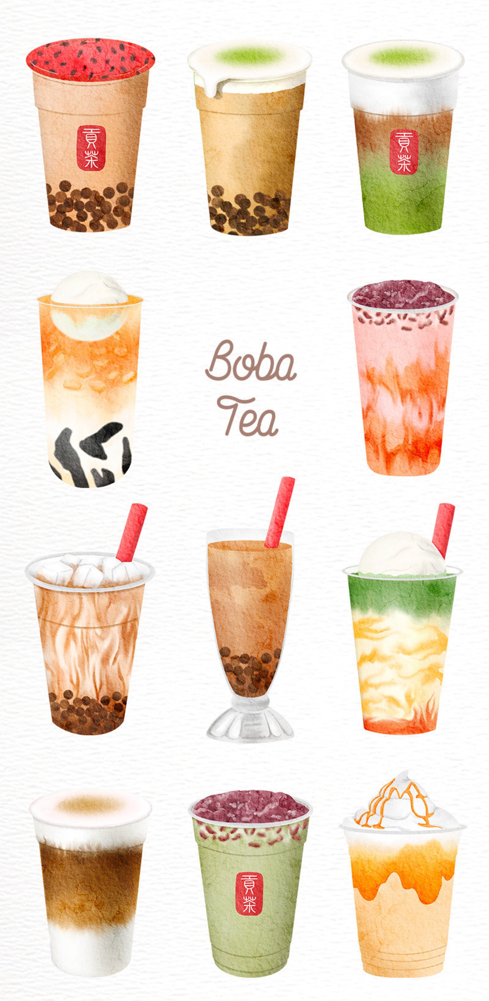 Bubble Tea Clipart Watercolor, Realistic Boba Tea Cute Drinks Cliparts ...