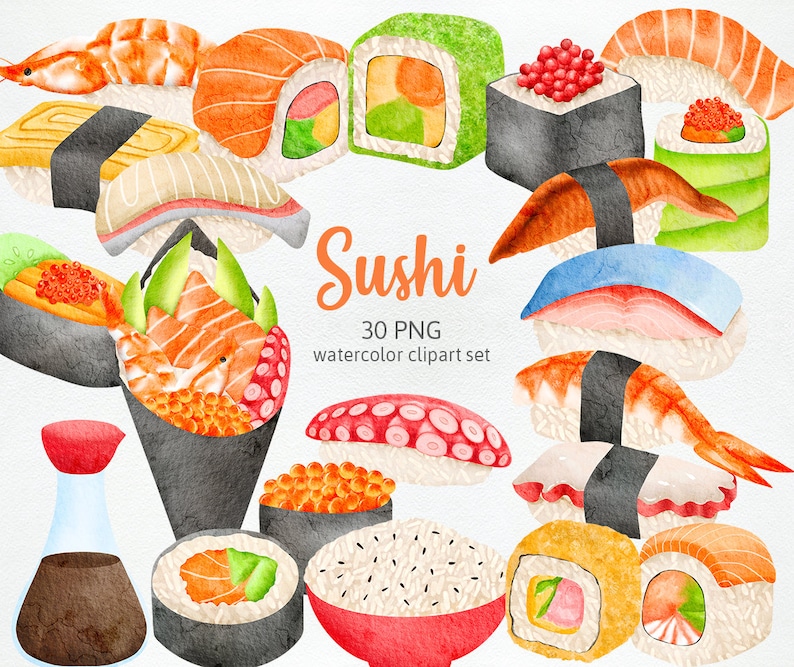 Japanese Sushi Watercolor Clipart, Japan Food Seafood Fresh Fish ...