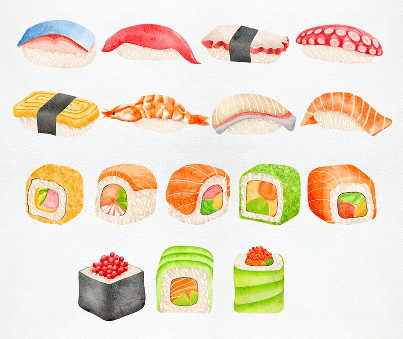 Japanese Sushi Watercolor Clipart, Japan Food Seafood Fresh Fish ...