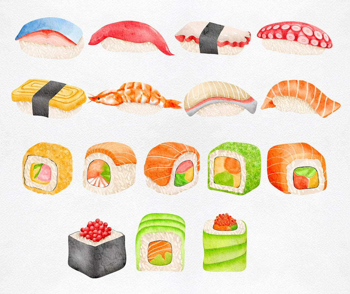 Japanese Sushi Watercolor Clipart, Japan Food Seafood Fresh Fish ...