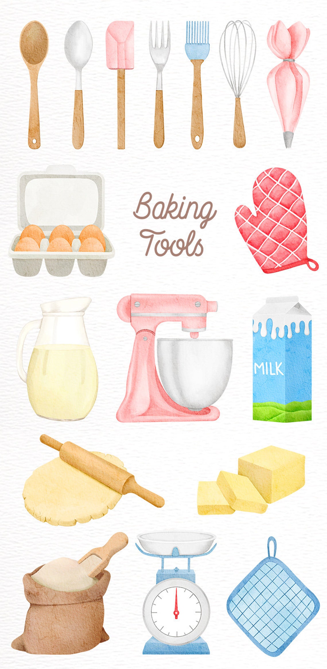 Baking Supplies Watercolor Hand Painted Bakery Tools, Home Bakery ...